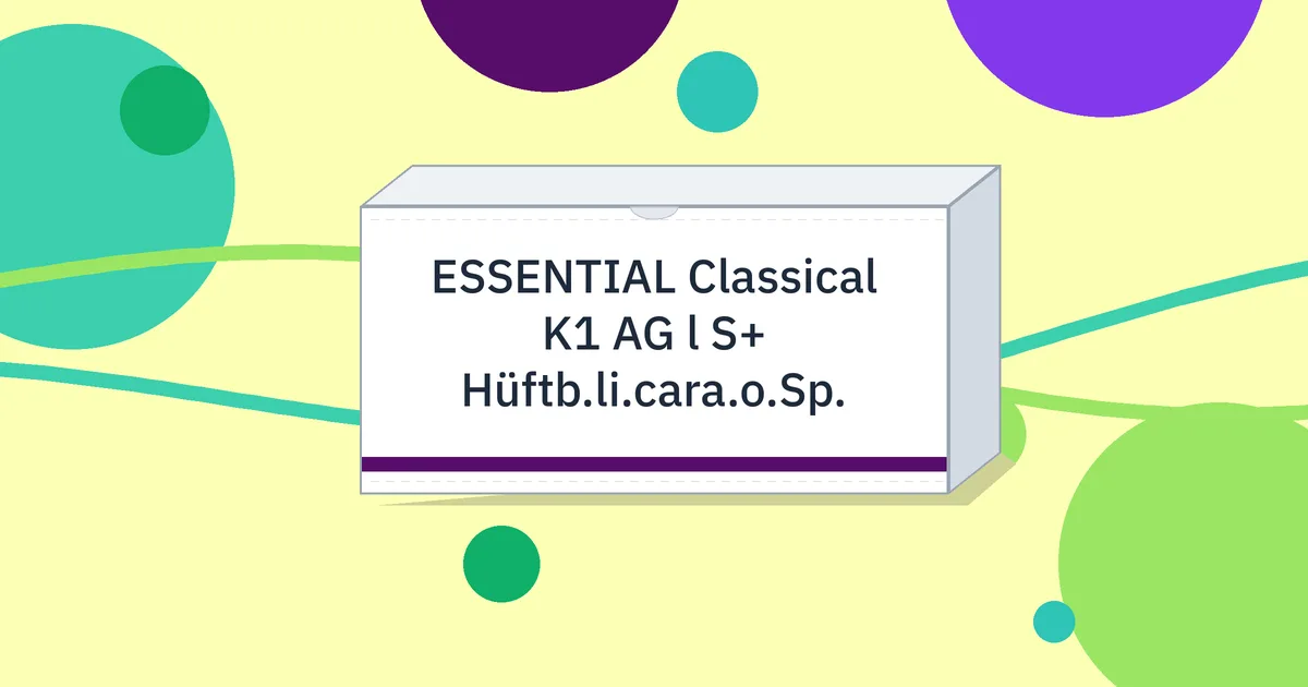 Symbolbild: Packung mit der Aufschrift ESSENTIAL Classical K1 AG l S+ Hüftb.li.cara.o.Sp. (PZN 17011462) – Verfügbarkeit und Bezug in Apotheken in Frankfurt am Main