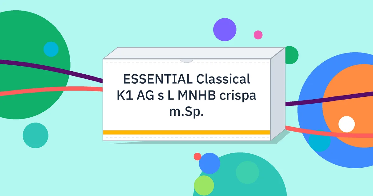 Symbolbild: Packung mit der Aufschrift ESSENTIAL Classical K1 AG s L MNHB crispa m.Sp. (PZN 19320902) – Verfügbarkeit und Bezug in Apotheken in Frankfurt am Main