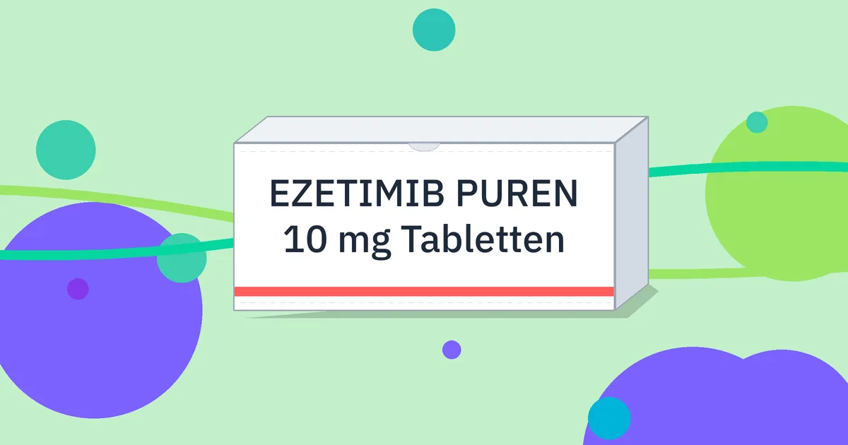 Symbolbild: Packung mit der Aufschrift EZETIMIB PUREN 10 mg Tabletten (PZN 13657693) – Verfügbarkeit und Bezug in Apotheken in Frankfurt am Main