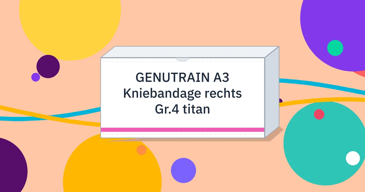 Symbolbild: Packung mit der Aufschrift GENUTRAIN A3 Kniebandage rechts Gr.4 titan (PZN 01071806) – Verfügbarkeit und Bezug in Apotheken in Frankfurt am Main