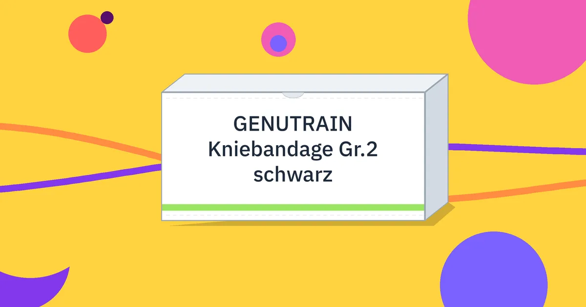 Symbolbild: Packung mit der Aufschrift GENUTRAIN Kniebandage Gr.2 schwarz (PZN 07551482) – Verfügbarkeit und Bezug in Apotheken in Frankfurt am Main