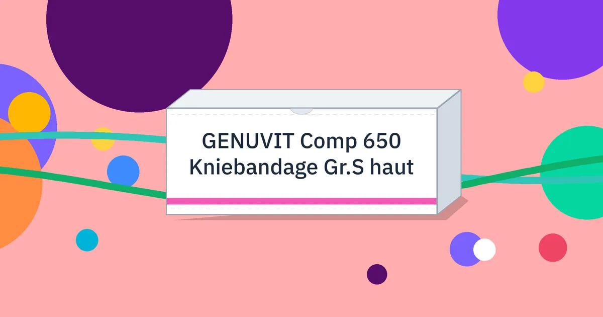Symbolbild: Packung mit der Aufschrift GENUVIT Comp 650 Kniebandage Gr.S haut (PZN 09401309) – Verfügbarkeit und Bezug in Apotheken in Frankfurt am Main