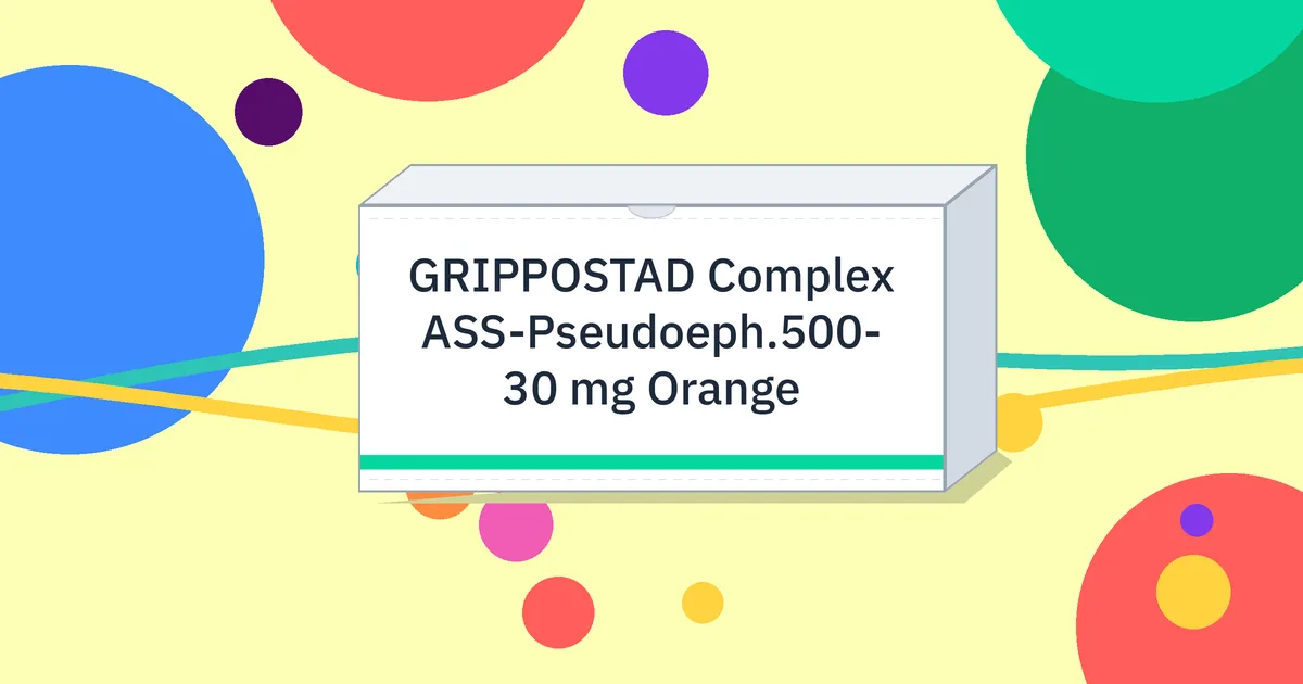 Symbolbild: Packung mit der Aufschrift GRIPPOSTAD Complex ASS-Pseudoeph.500-30 mg Orange (PZN 16903460) – Verfügbarkeit und Bezug in Apotheken in Frankfurt am Main