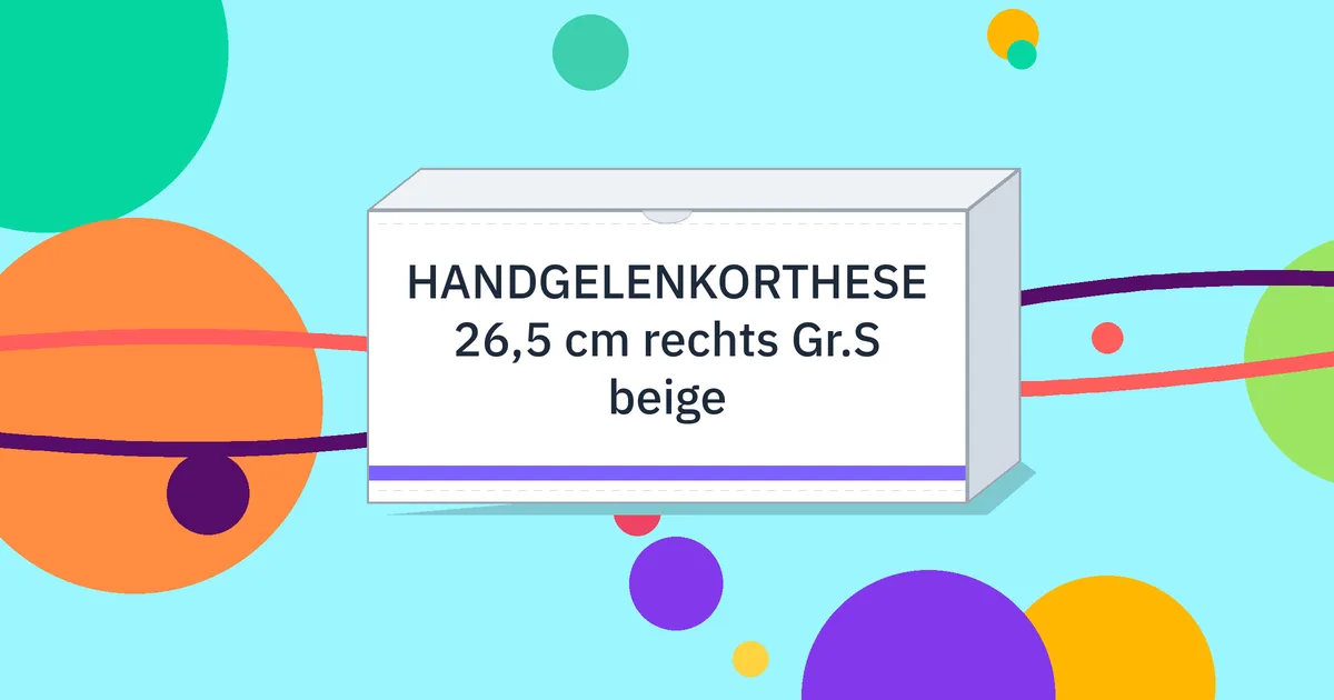 Symbolbild: Packung mit der Aufschrift HANDGELENKORTHESE 26,5 cm rechts Gr.S beige (PZN 03388447) – Verfügbarkeit und Bezug in Apotheken in Frankfurt am Main