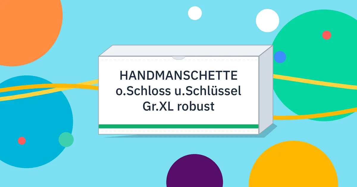 Symbolbild: Packung mit der Aufschrift HANDMANSCHETTE o.Schloss u.Schlüssel Gr.XL robust (PZN 14297682) – Verfügbarkeit und Bezug in Apotheken in Frankfurt am Main
