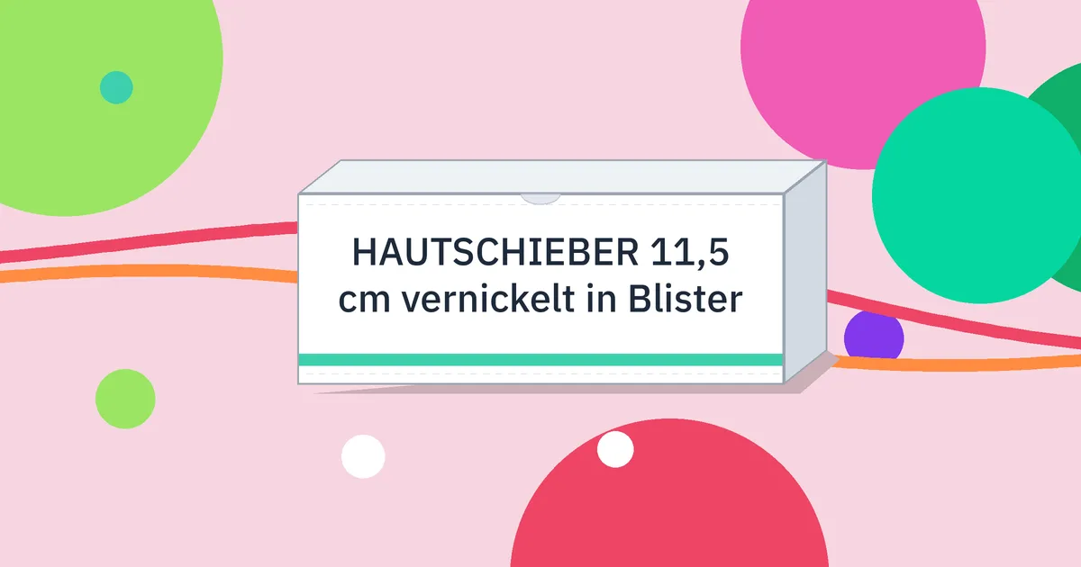 Symbolbild: Packung mit der Aufschrift HAUTSCHIEBER 11,5 cm vernickelt in Blister (PZN 18155335) – Verfügbarkeit und Bezug in Apotheken in Frankfurt am Main