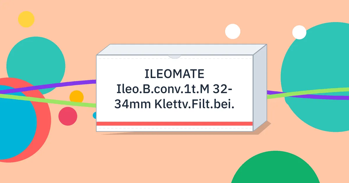 Symbolbild: Packung mit der Aufschrift ILEOMATE Ileo.B.conv.1t.M 32-34mm Klettv.Filt.bei. (PZN 03377426) – Verfügbarkeit und Bezug in Apotheken in Frankfurt am Main
