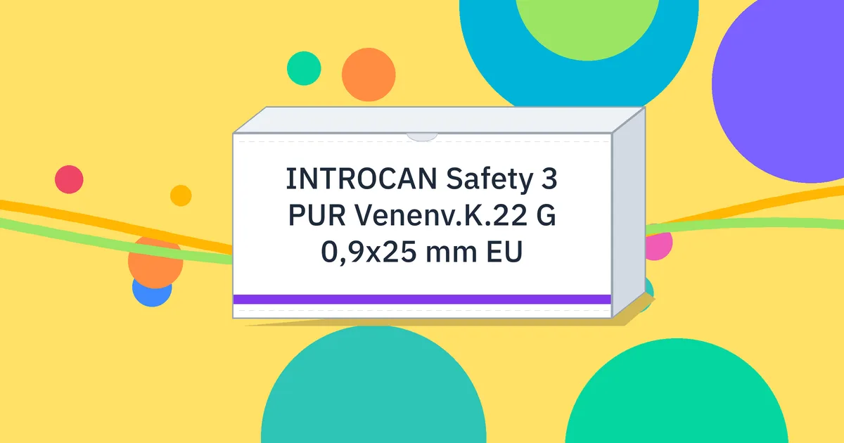 Symbolbild: Packung mit der Aufschrift INTROCAN Safety 3 PUR Venenv.K.22 G 0,9x25 mm EU (PZN 20345190) – Verfügbarkeit und Bezug in Apotheken in Frankfurt am Main