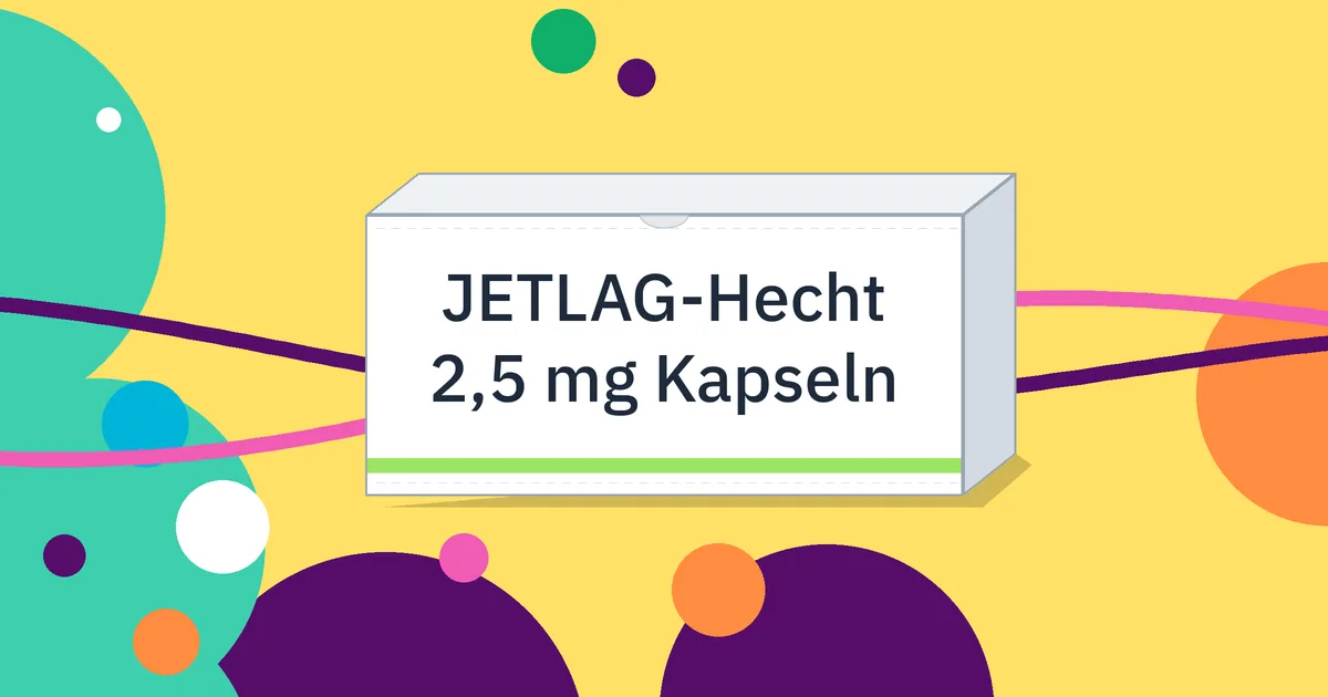 Symbolbild: Packung mit der Aufschrift JETLAG-Hecht 2,5 mg Kapseln (PZN 08882442) – Verfügbarkeit und Bezug in Apotheken in Frankfurt am Main