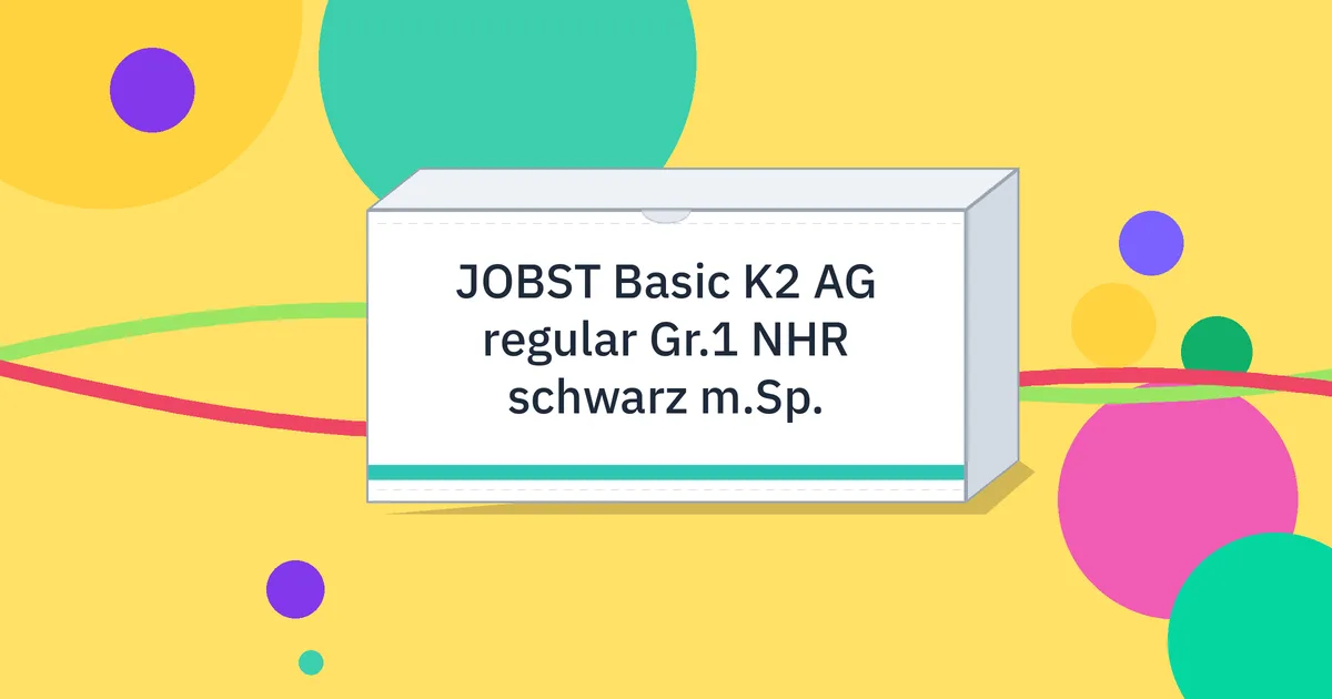 Symbolbild: Packung mit der Aufschrift JOBST Basic K2 AG regular Gr.1 NHR schwarz m.Sp. (PZN 15311639) – Verfügbarkeit und Bezug in Apotheken in Frankfurt am Main