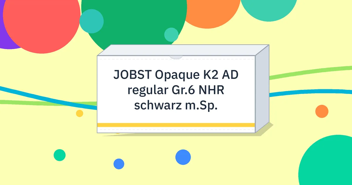 Symbolbild: Packung mit der Aufschrift JOBST Opaque K2 AD regular Gr.6 NHR schwarz m.Sp. (PZN 13110687) – Verfügbarkeit und Bezug in Apotheken in Frankfurt am Main