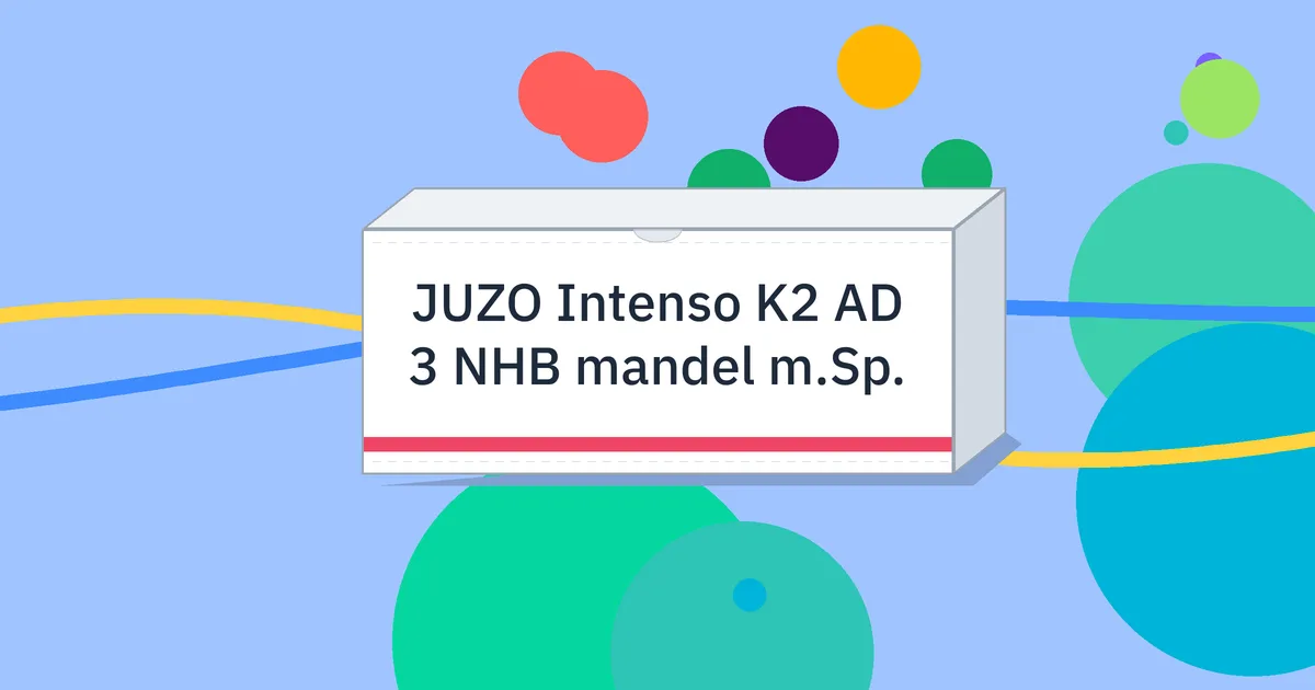 Symbolbild: Packung mit der Aufschrift JUZO Intenso K2 AD 3 NHB mandel m.Sp. (PZN 18609919) – Verfügbarkeit und Bezug in Apotheken in Frankfurt am Main