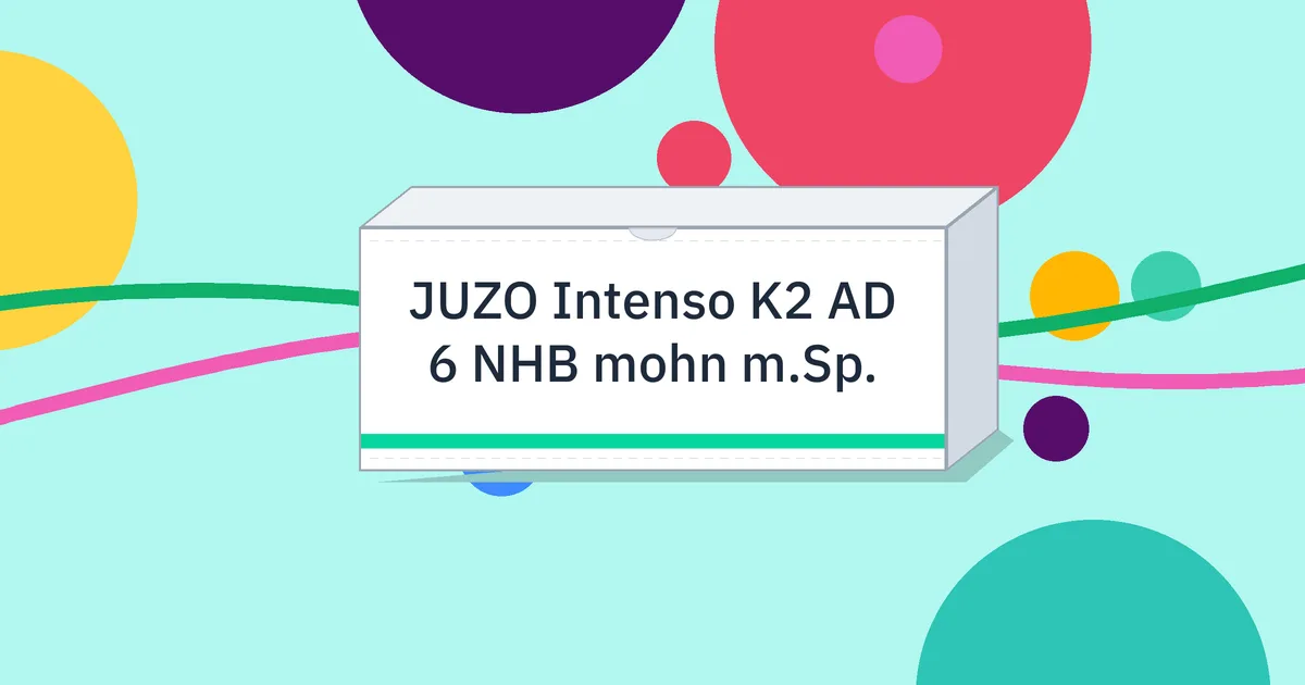 Symbolbild: Packung mit der Aufschrift JUZO Intenso K2 AD 6 NHB mohn m.Sp. (PZN 18610012) – Verfügbarkeit und Bezug in Apotheken in Frankfurt am Main