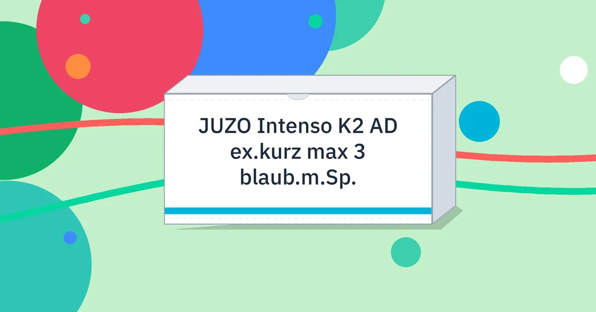 Symbolbild: Packung mit der Aufschrift JUZO Intenso K2 AD ex.kurz max 3 blaub.m.Sp. (PZN 18606909) – Verfügbarkeit und Bezug in Apotheken in Frankfurt am Main