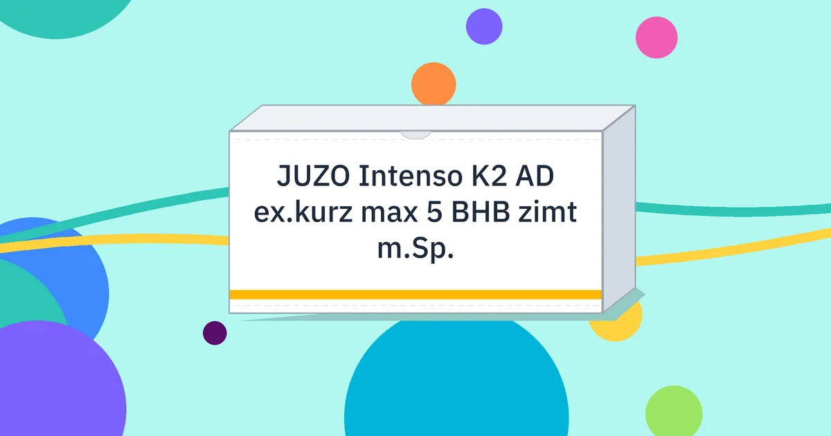 Symbolbild: Packung mit der Aufschrift JUZO Intenso K2 AD ex.kurz max 5 BHB zimt m.Sp. (PZN 18613861) – Verfügbarkeit und Bezug in Apotheken in Frankfurt am Main