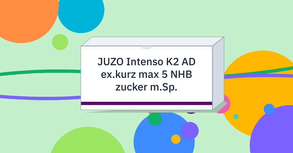 Symbolbild: Packung mit der Aufschrift JUZO Intenso K2 AD ex.kurz max 5 NHB zucker m.Sp. (PZN 18610153) – Verfügbarkeit und Bezug in Apotheken in Frankfurt am Main