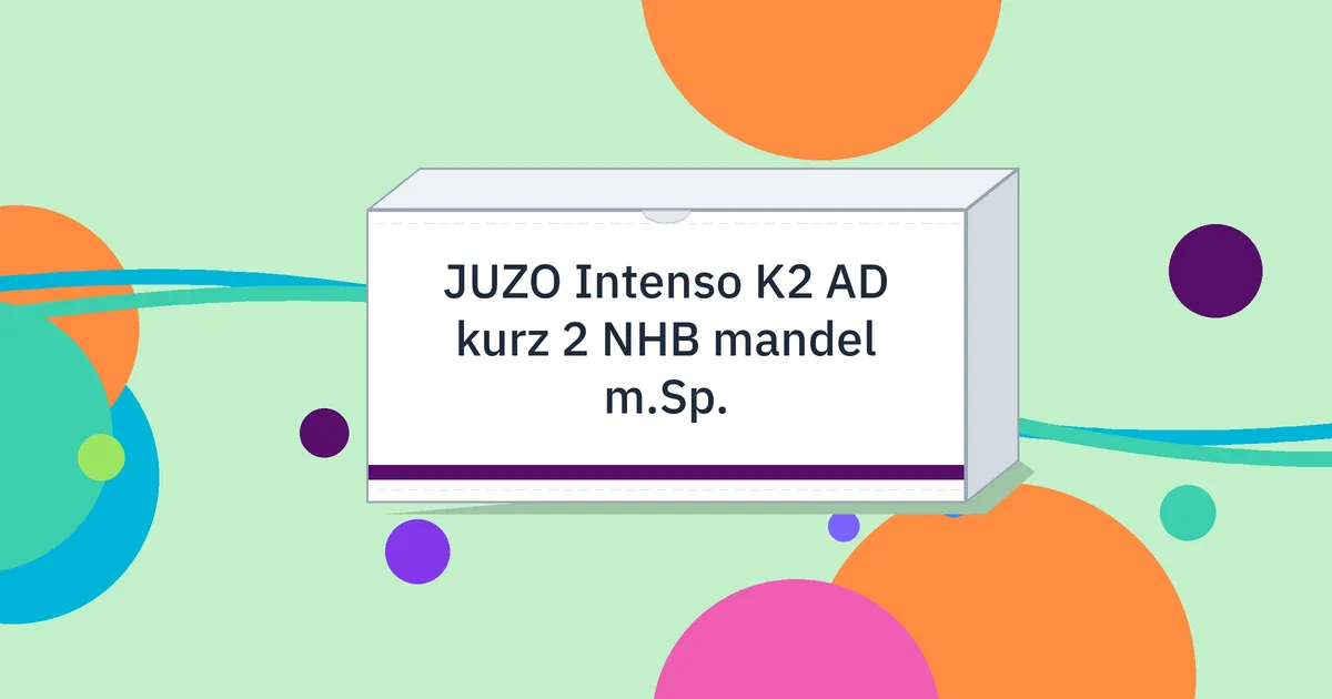 Symbolbild: Packung mit der Aufschrift JUZO Intenso K2 AD kurz 2 NHB mandel m.Sp. (PZN 18611112) – Verfügbarkeit und Bezug in Apotheken in Frankfurt am Main