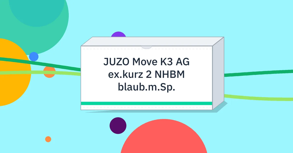 Symbolbild: Packung mit der Aufschrift JUZO Move K3 AG ex.kurz 2 NHBM blaub.m.Sp. (PZN 18594483) – Verfügbarkeit und Bezug in Apotheken in Frankfurt am Main
