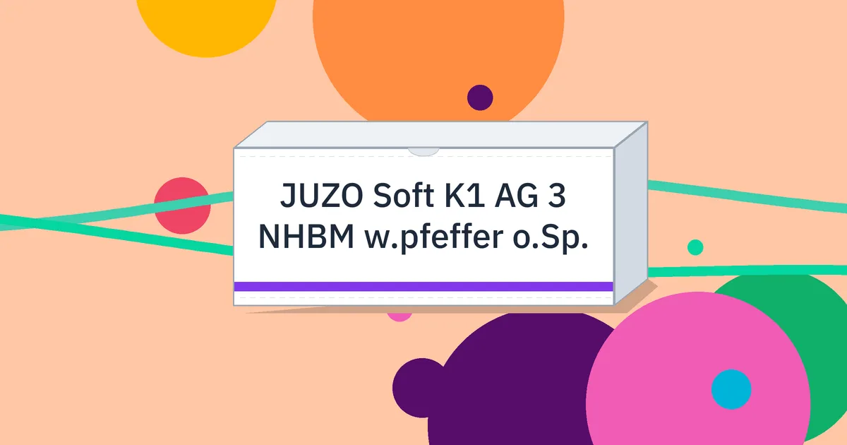 Symbolbild: Packung mit der Aufschrift JUZO Soft K1 AG 3 NHBM w.pfeffer o.Sp. (PZN 14999237) – Verfügbarkeit und Bezug in Apotheken in Frankfurt am Main