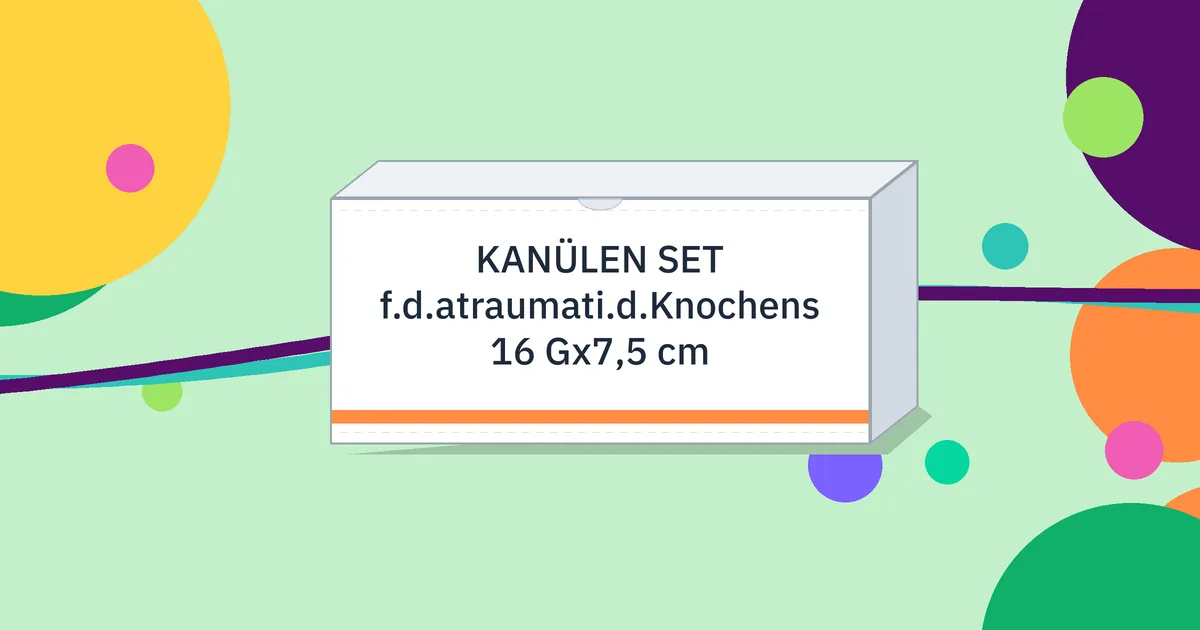 Symbolbild: Packung mit der Aufschrift KANÜLEN SET f.d.atraumati.d.Knochens 16 Gx7,5 cm (PZN 00292801) – Verfügbarkeit und Bezug in Apotheken in Frankfurt am Main