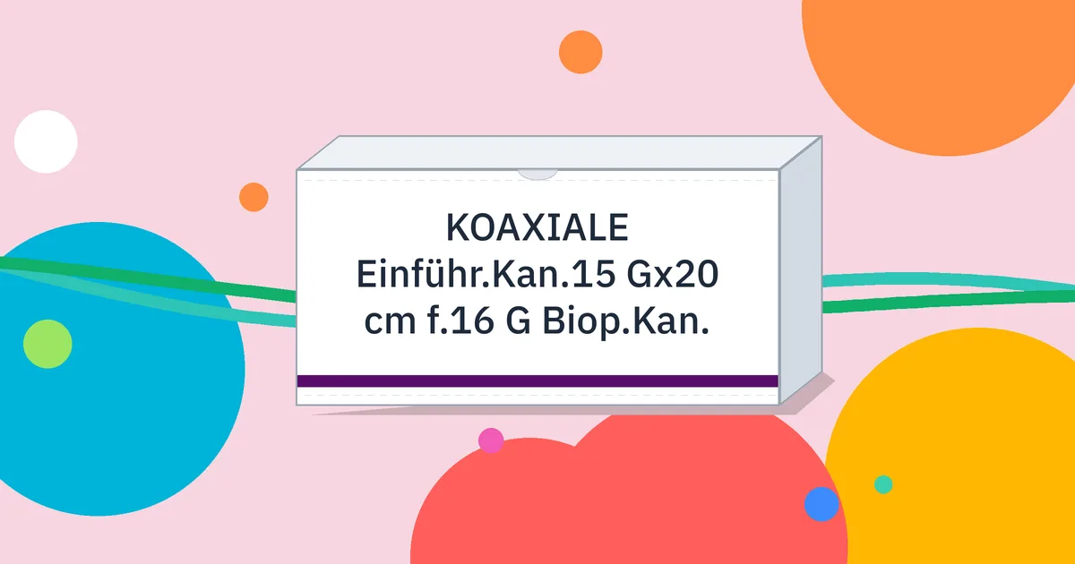 Symbolbild: Packung mit der Aufschrift KOAXIALE Einführ.Kan.15 Gx20 cm f.16 G Biop.Kan. (PZN 06903737) – Verfügbarkeit und Bezug in Apotheken in Frankfurt am Main