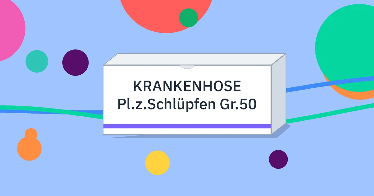 Symbolbild: Packung mit der Aufschrift KRANKENHOSE Pl.z.Schlüpfen Gr.50 (PZN 01740756) – Verfügbarkeit und Bezug in Apotheken in Frankfurt am Main