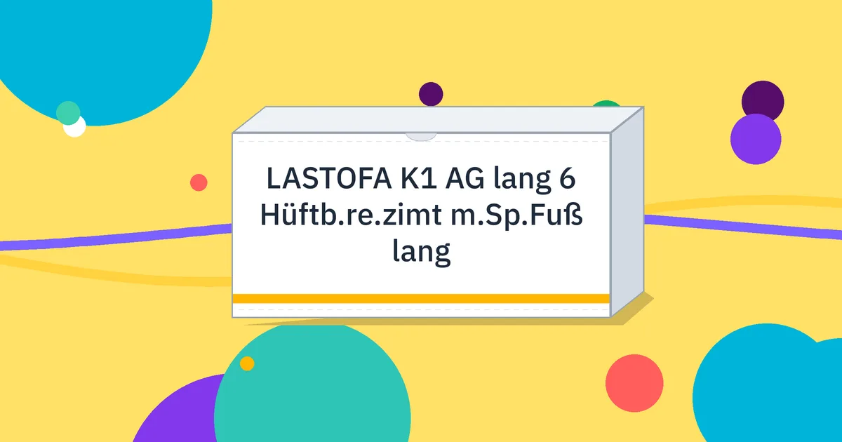 Symbolbild: Packung mit der Aufschrift LASTOFA K1 AG lang 6 Hüftb.re.zimt m.Sp.Fuß lang (PZN 13799080) – Verfügbarkeit und Bezug in Apotheken in Frankfurt am Main
