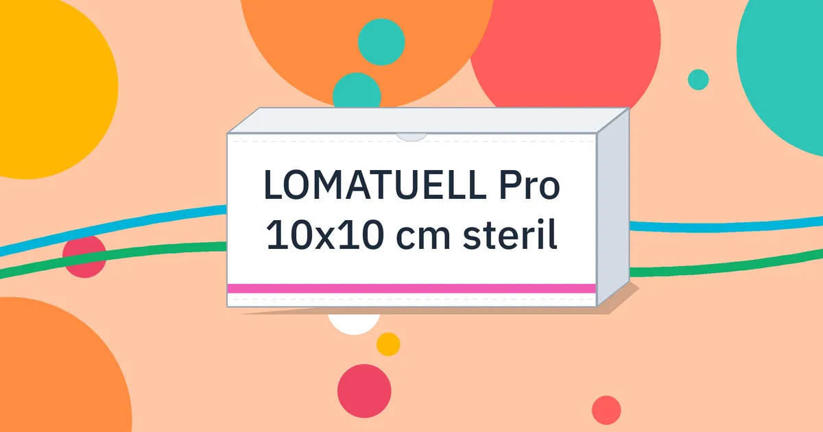 Symbolbild: Packung mit der Aufschrift LOMATUELL Pro 10x10 cm steril (PZN 15998843) – Verfügbarkeit und Bezug in Apotheken in Frankfurt am Main