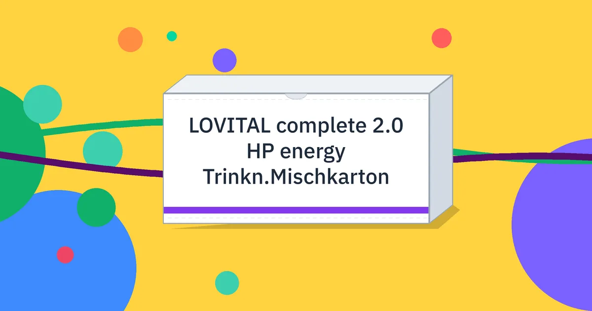 Symbolbild: Packung mit der Aufschrift LOVITAL complete 2.0 HP energy Trinkn.Mischkarton (PZN 20629711) – Verfügbarkeit und Bezug in Apotheken in Frankfurt am Main