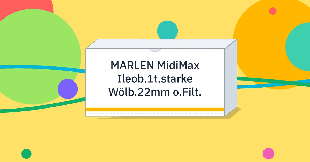 Symbolbild: Packung mit der Aufschrift MARLEN MidiMax Ileob.1t.starke Wölb.22mm o.Filt. (PZN 16658606) – Verfügbarkeit und Bezug in Apotheken in Frankfurt am Main
