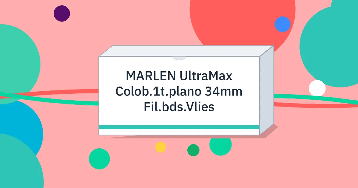Symbolbild: Packung mit der Aufschrift MARLEN UltraMax Colob.1t.plano 34mm Fil.bds.Vlies (PZN 05354582) – Verfügbarkeit und Bezug in Apotheken in Frankfurt am Main