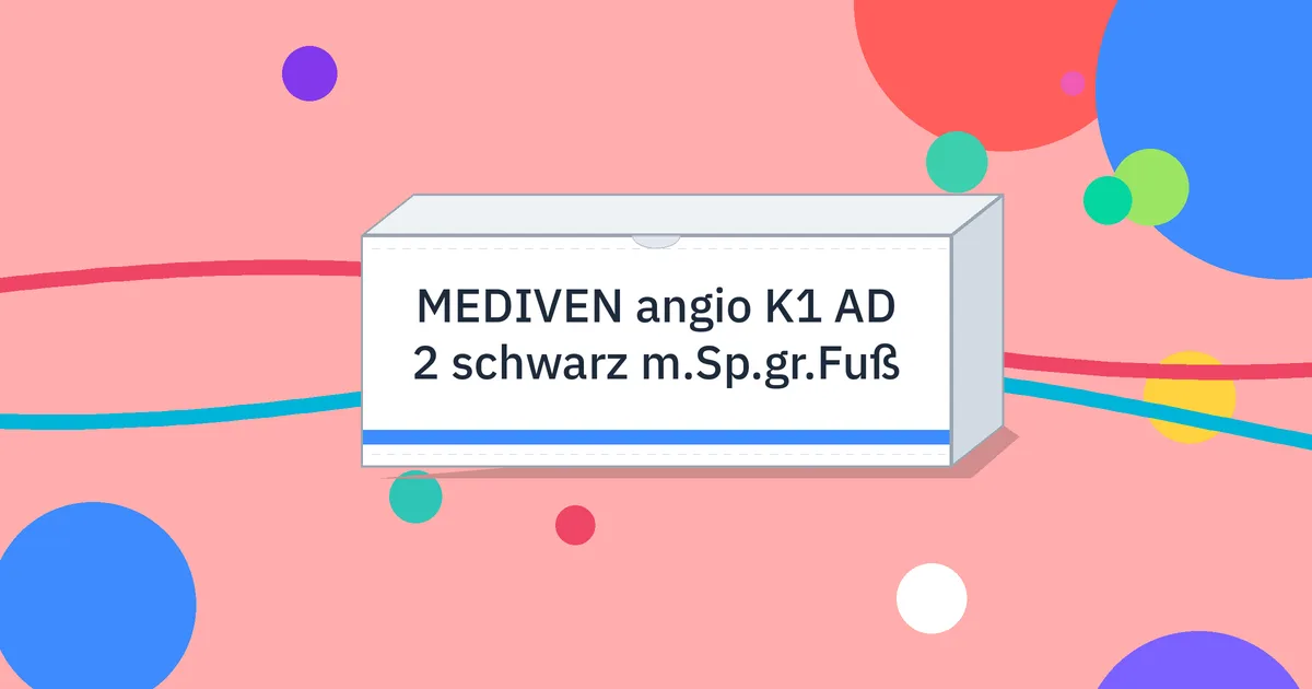 Symbolbild: Packung mit der Aufschrift MEDIVEN angio K1 AD 2 schwarz m.Sp.gr.Fuß (PZN 17210173) – Verfügbarkeit und Bezug in Apotheken in Frankfurt am Main