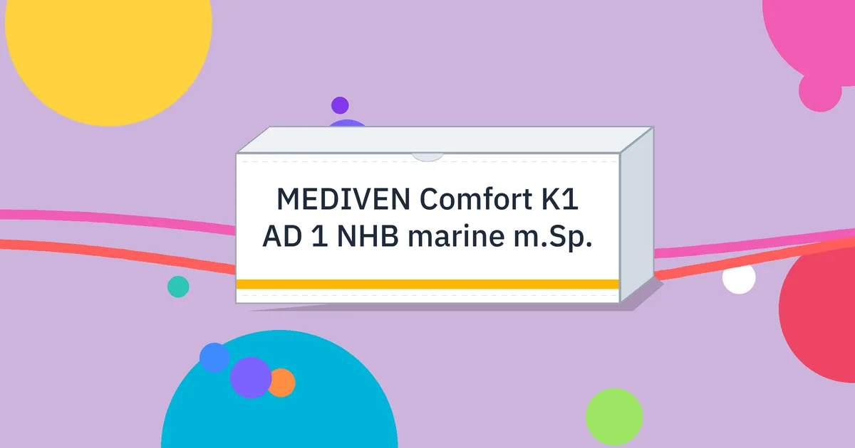 Symbolbild: Packung mit der Aufschrift MEDIVEN Comfort K1 AD 1 NHB marine m.Sp. (PZN 14560955) – Verfügbarkeit und Bezug in Apotheken in Frankfurt am Main
