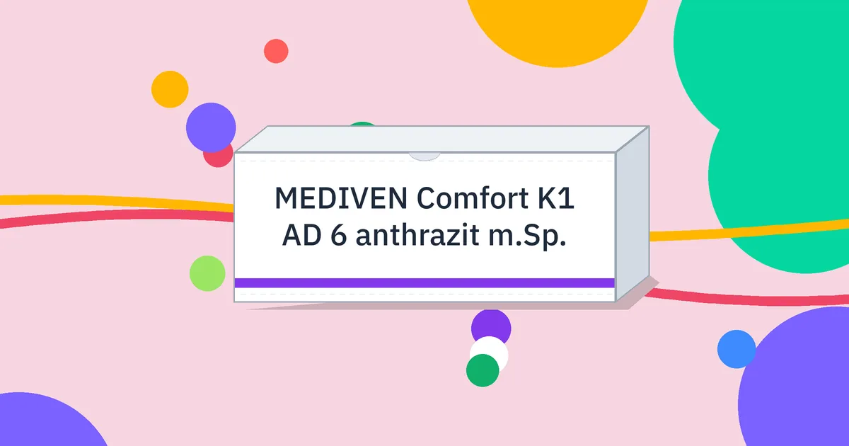 Symbolbild: Packung mit der Aufschrift MEDIVEN Comfort K1 AD 6 anthrazit m.Sp. (PZN 14558697) – Verfügbarkeit und Bezug in Apotheken in Frankfurt am Main