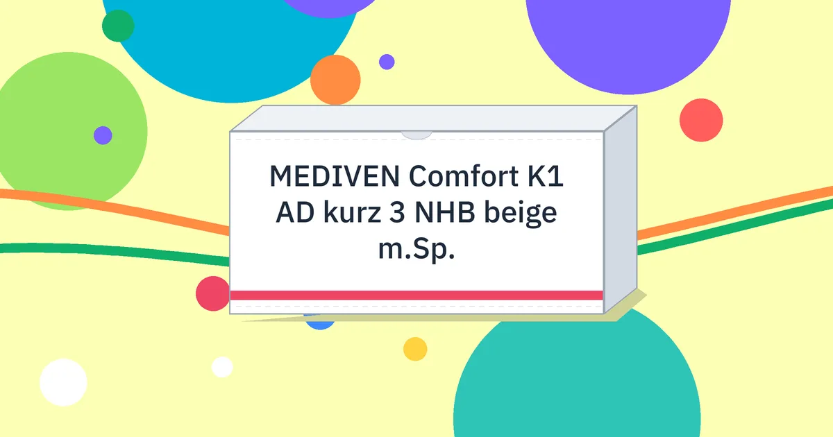 Symbolbild: Packung mit der Aufschrift MEDIVEN Comfort K1 AD kurz 3 NHB beige m.Sp. (PZN 14556847) – Verfügbarkeit und Bezug in Apotheken in Frankfurt am Main