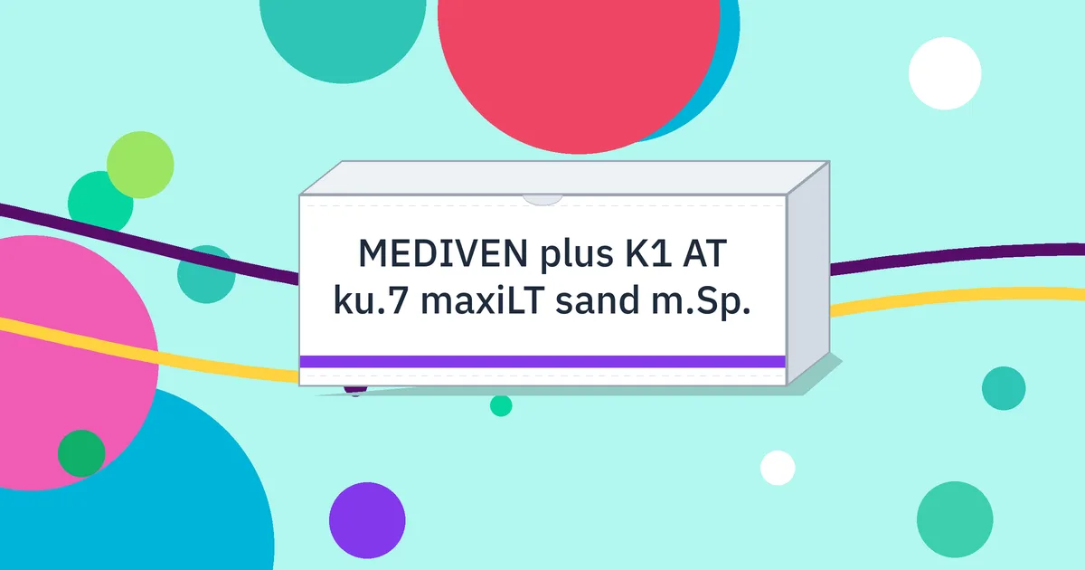 Symbolbild: Packung mit der Aufschrift MEDIVEN plus K1 AT ku.7 maxiLT sand m.Sp. (PZN 18942820) – Verfügbarkeit und Bezug in Apotheken in Frankfurt am Main