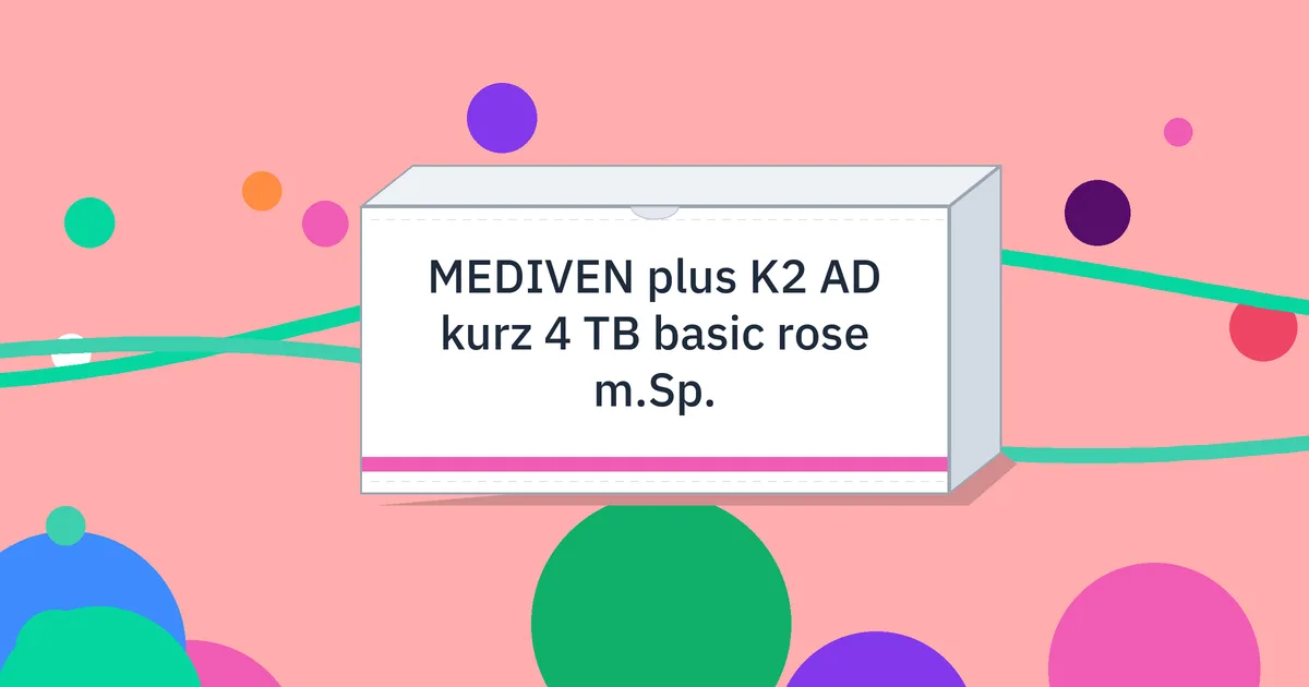 Symbolbild: Packung mit der Aufschrift MEDIVEN plus K2 AD kurz 4 TB basic rose m.Sp. (PZN 15098418) – Verfügbarkeit und Bezug in Apotheken in Frankfurt am Main