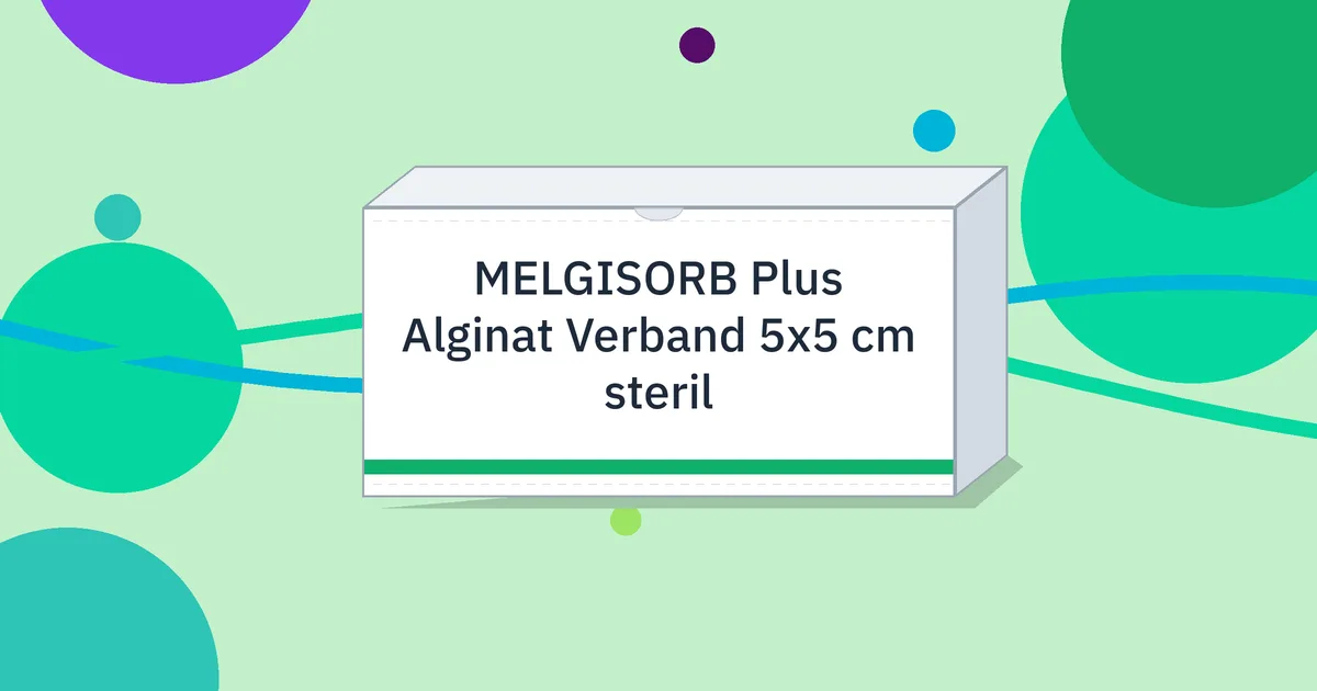 Symbolbild: Packung mit der Aufschrift MELGISORB Plus Alginat Verband 5x5 cm steril (PZN 19207784) – Verfügbarkeit und Bezug in Apotheken in Frankfurt am Main