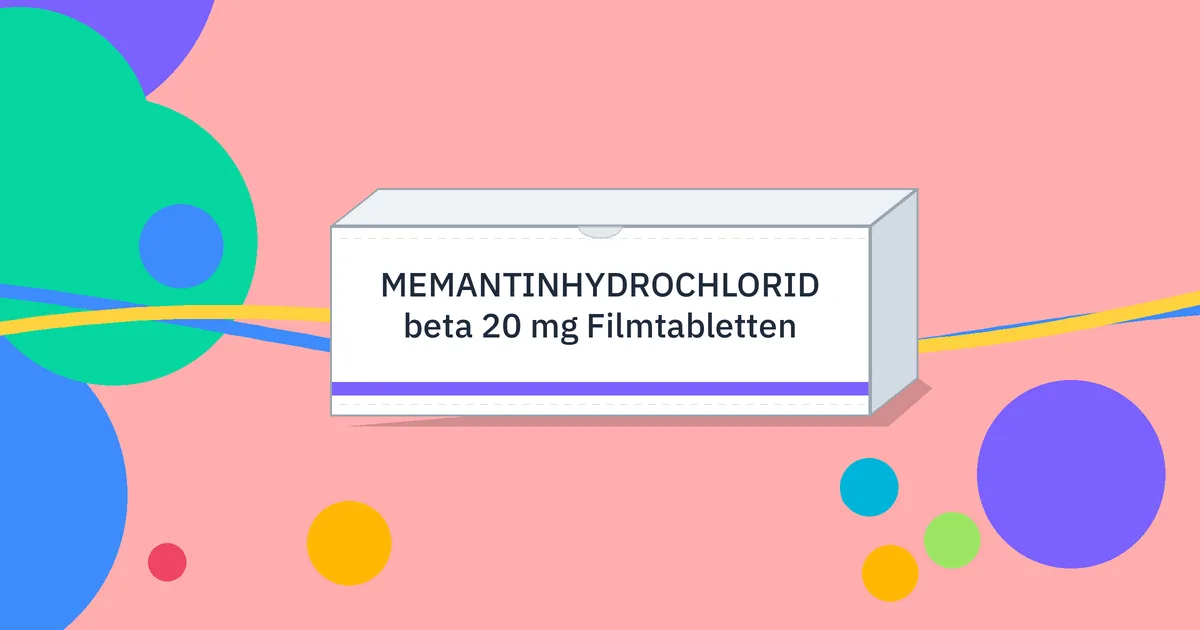 Symbolbild: Packung mit der Aufschrift MEMANTINHYDROCHLORID beta 20 mg Filmtabletten (PZN 09890202) – Verfügbarkeit und Bezug in Apotheken in Frankfurt am Main