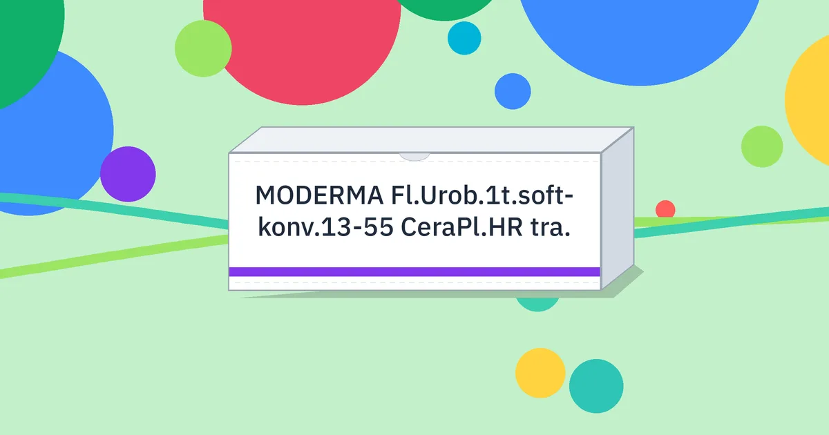 Symbolbild: Packung mit der Aufschrift MODERMA Fl.Urob.1t.soft-konv.13-55 CeraPl.HR tra. (PZN 16243058) – Verfügbarkeit und Bezug in Apotheken in Frankfurt am Main