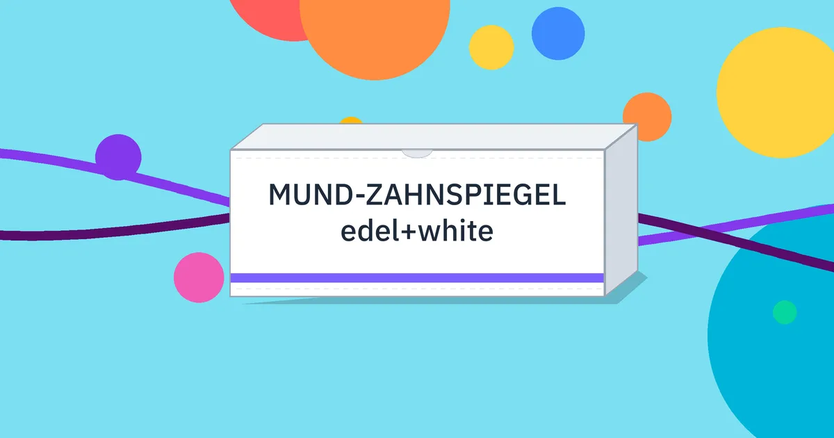 Symbolbild: Packung mit der Aufschrift MUND-ZAHNSPIEGEL edel+white (PZN 08692061) – Verfügbarkeit und Bezug in Apotheken in Frankfurt am Main