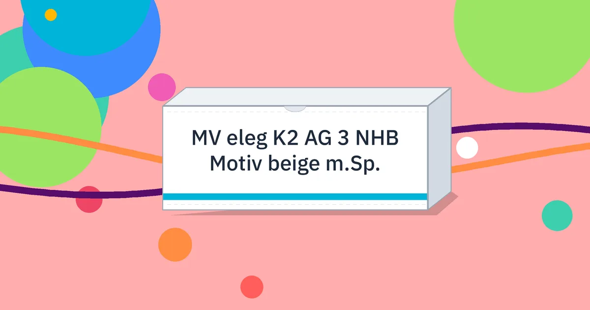 Symbolbild: Packung mit der Aufschrift MV eleg K2 AG 3 NHB Motiv beige m.Sp. (PZN 15722590) – Verfügbarkeit und Bezug in Apotheken in Frankfurt am Main