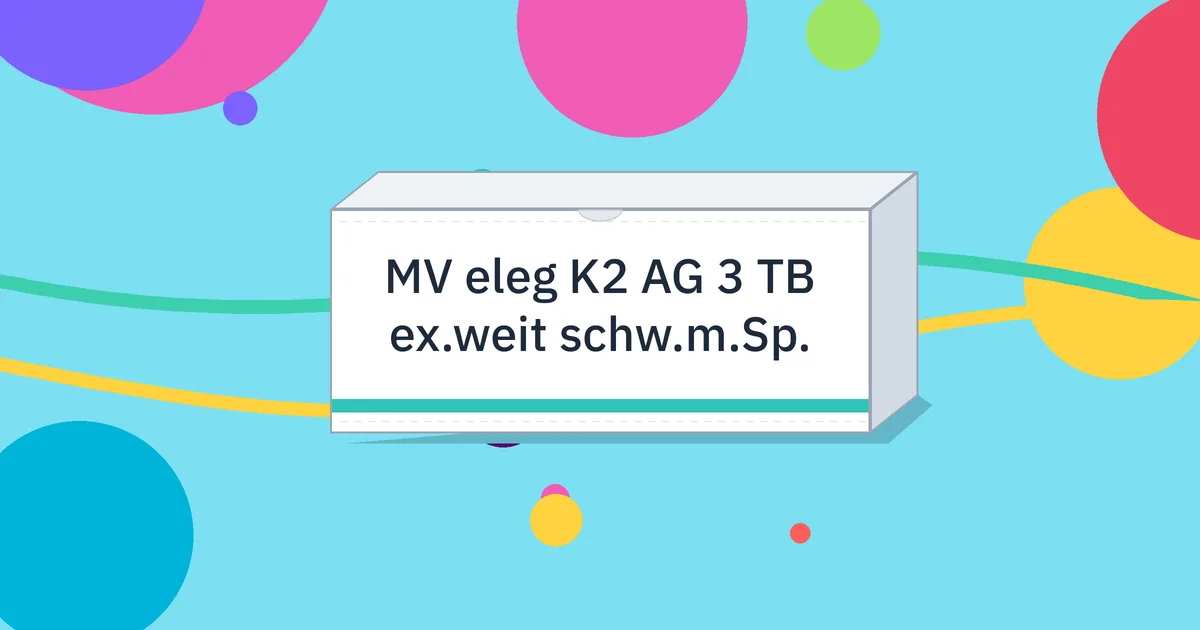 Symbolbild: Packung mit der Aufschrift MV eleg K2 AG 3 TB ex.weit schw.m.Sp. (PZN 09878075) – Verfügbarkeit und Bezug in Apotheken in Frankfurt am Main
