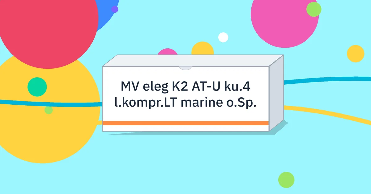 Symbolbild: Packung mit der Aufschrift MV eleg K2 AT-U ku.4 l.kompr.LT marine o.Sp. (PZN 14597071) – Verfügbarkeit und Bezug in Apotheken in Frankfurt am Main