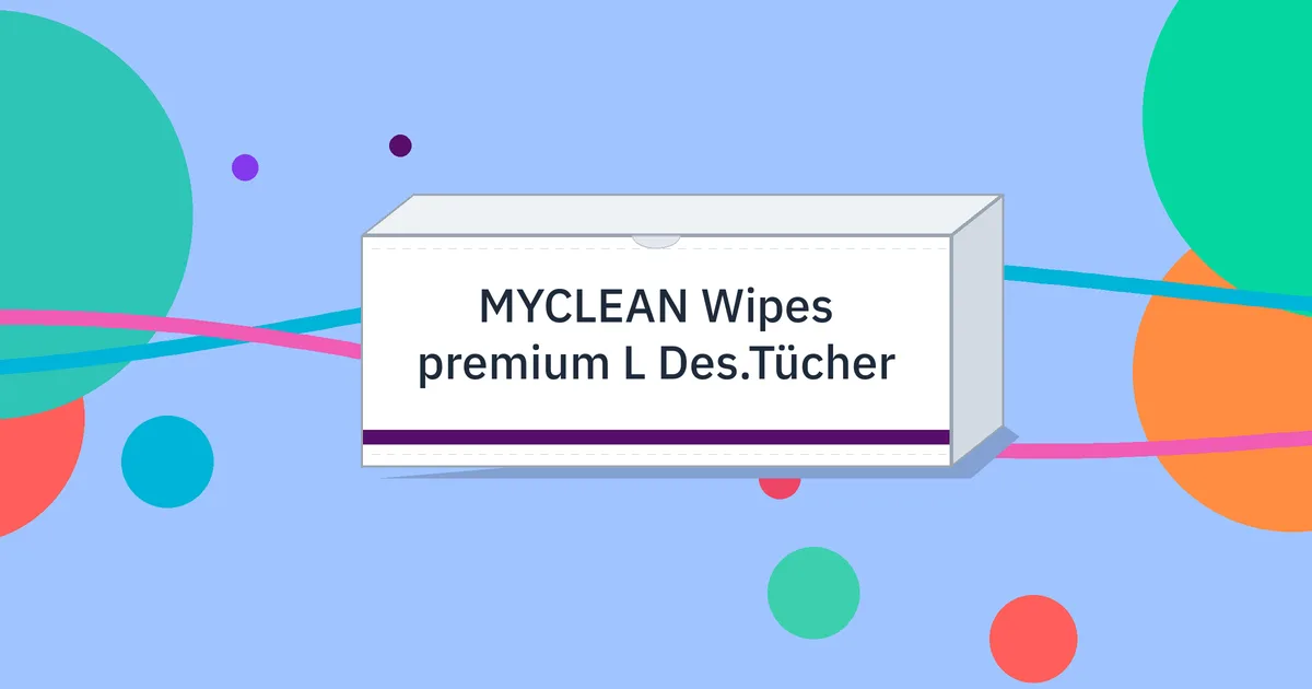 Symbolbild: Packung mit der Aufschrift MYCLEAN Wipes premium L Des.Tücher (PZN 20632191) – Verfügbarkeit und Bezug in Apotheken in Frankfurt am Main