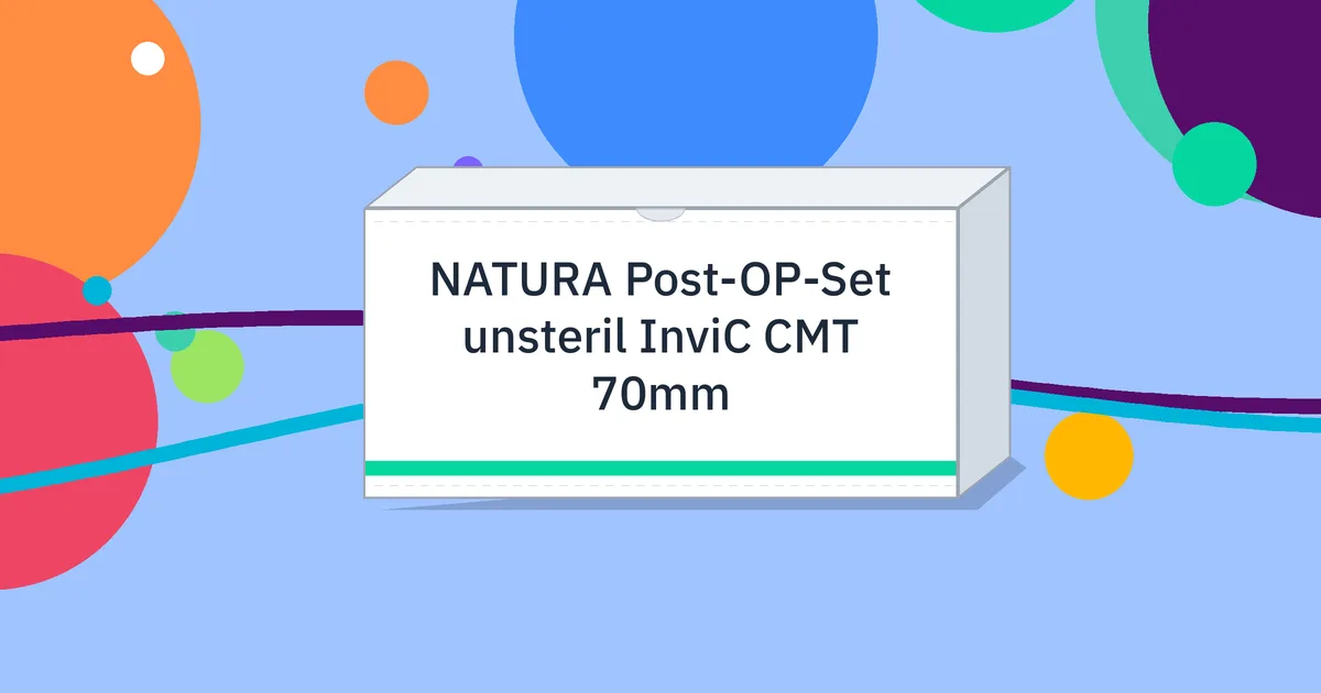 Symbolbild: Packung mit der Aufschrift NATURA Post-OP-Set unsteril InviC CMT 70mm (PZN 17871271) – Verfügbarkeit und Bezug in Apotheken in Frankfurt am Main