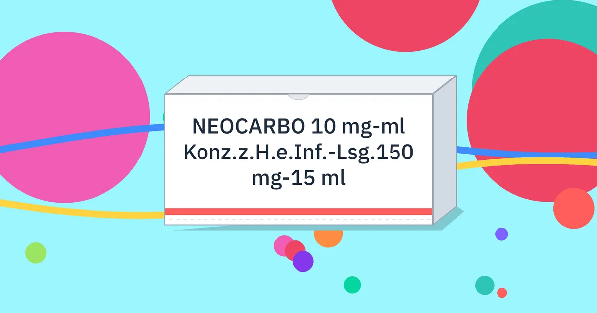 Symbolbild: Packung mit der Aufschrift NEOCARBO 10 mg-ml Konz.z.H.e.Inf.-Lsg.150 mg-15 ml (PZN 12468323) – Verfügbarkeit und Bezug in Apotheken in Frankfurt am Main