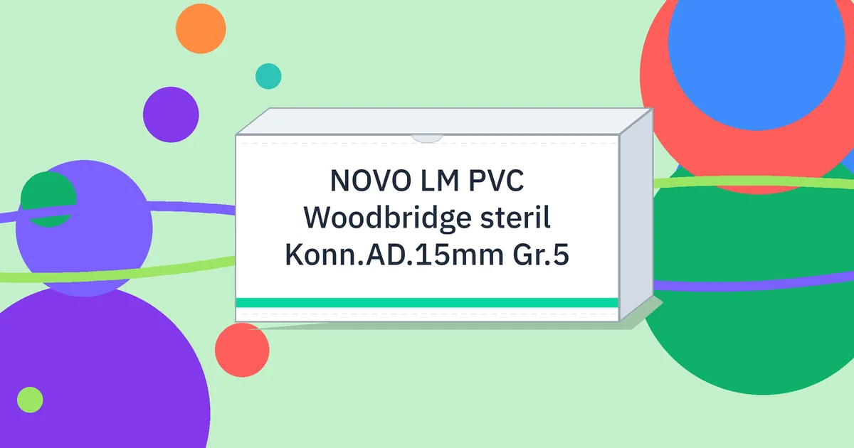 Symbolbild: Packung mit der Aufschrift NOVO LM PVC Woodbridge steril Konn.AD.15mm Gr.5 (PZN 18491837) – Verfügbarkeit und Bezug in Apotheken in Frankfurt am Main