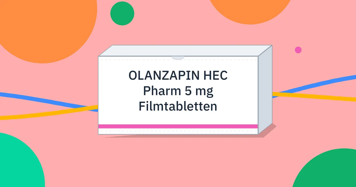 Symbolbild: Packung mit der Aufschrift OLANZAPIN HEC Pharm 5 mg Filmtabletten (PZN 11882724) – Verfügbarkeit und Bezug in Apotheken in Frankfurt am Main