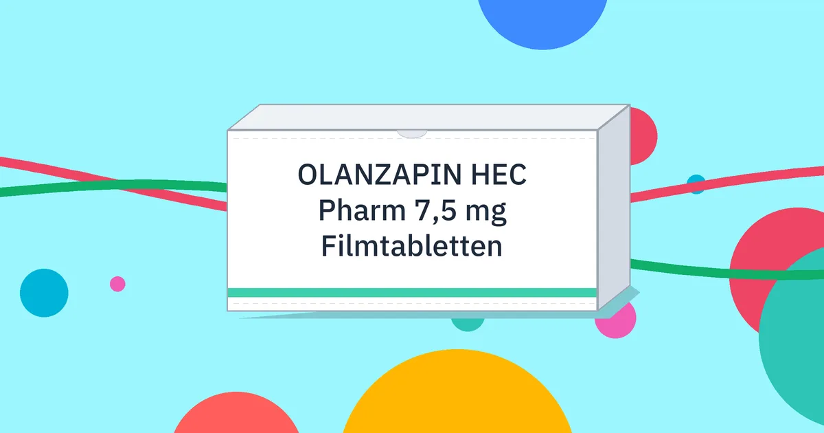 Symbolbild: Packung mit der Aufschrift OLANZAPIN HEC Pharm 7,5 mg Filmtabletten (PZN 11882782) – Verfügbarkeit und Bezug in Apotheken in Frankfurt am Main